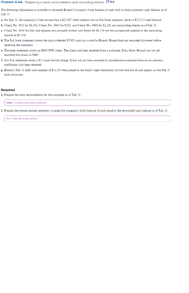 Solved Problem 6-4A Preparing a bank reconciliation and | Chegg.com
