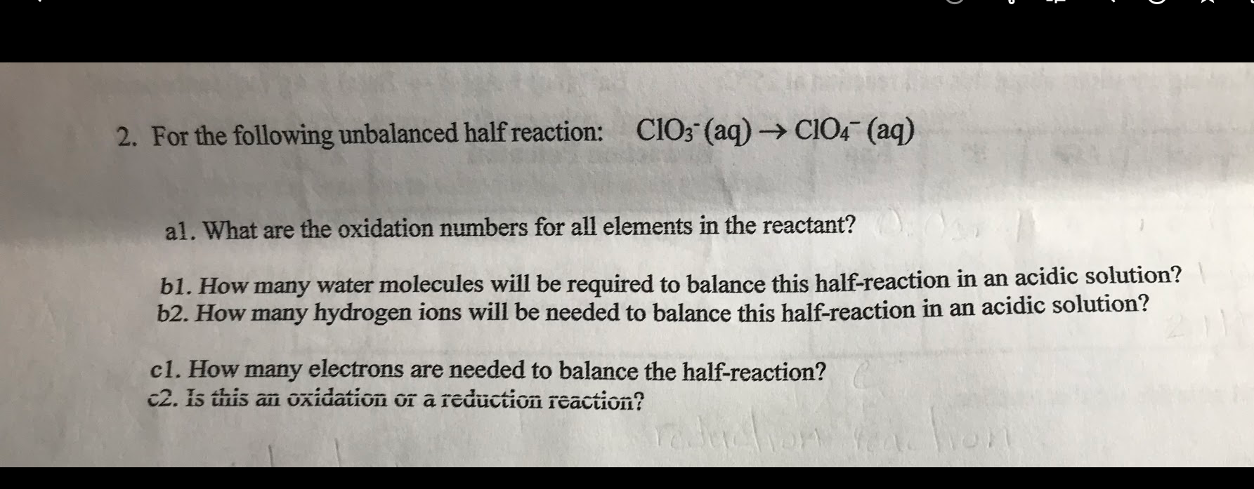 Solved CIO3 (aq)→CIO4 (aq) 2. For the following unbalanced | Chegg.com