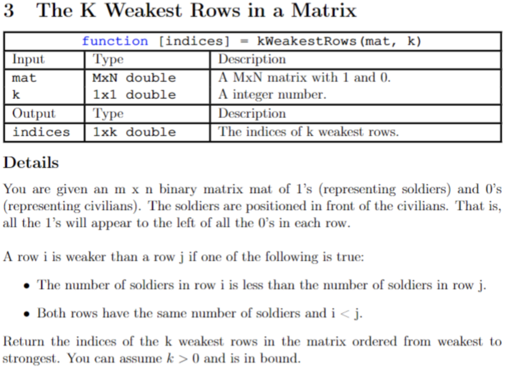 Solved 3 The K Weakest Rows in a Matrix mat function | Chegg.com