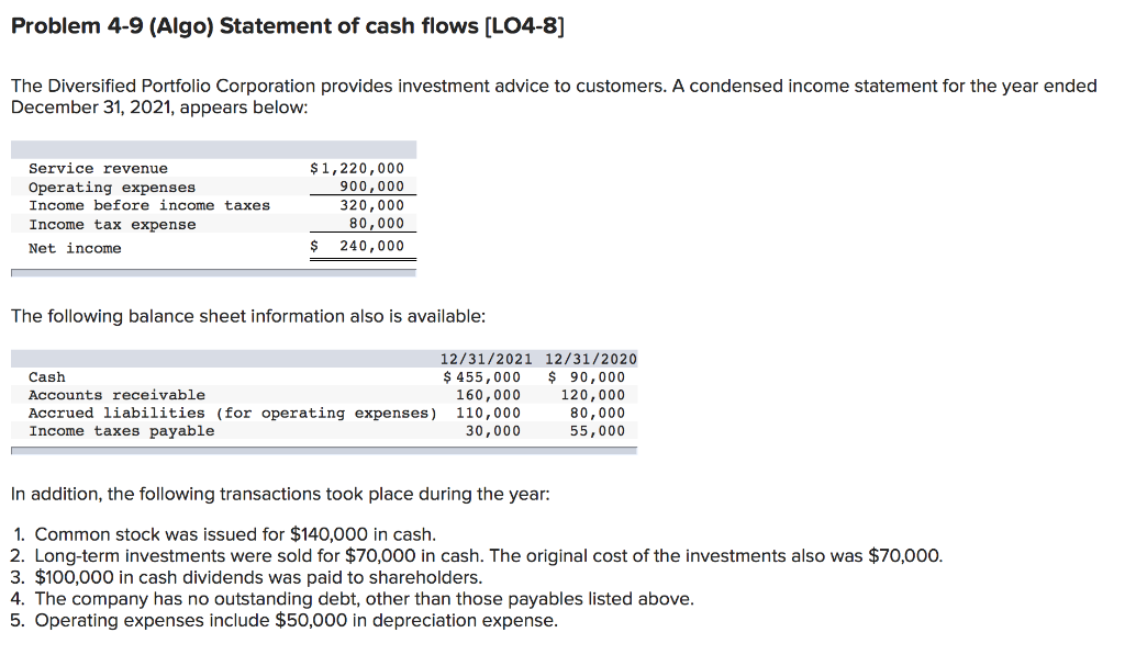 Solved Problem 4-9 (Algo) Statement of cash flows (LO4-8] | Chegg.com
