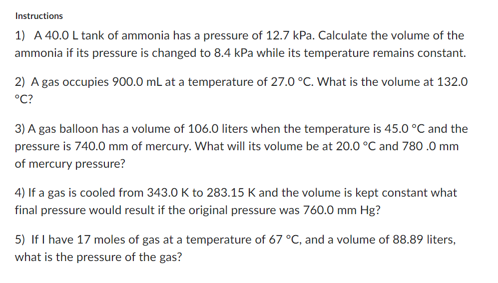 Solved Instructions 1) A 40.0 L tank of ammonia has a | Chegg.com