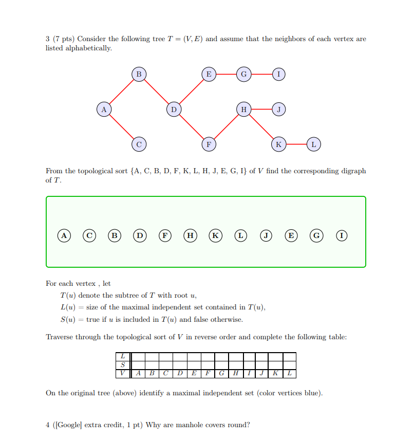 Solved 3 (7 pts) Consider the following tree T = (V, E) and | Chegg.com