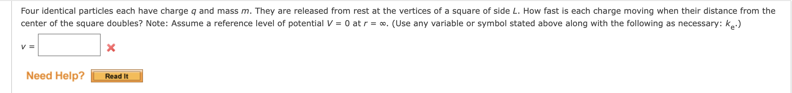 Solved Four identical particles each have charge q and mass | Chegg.com