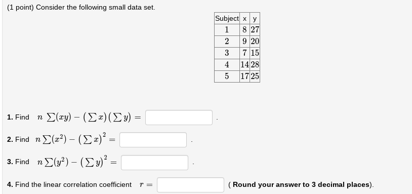 Solved (1 point) Consider the following small data set. | Chegg.com