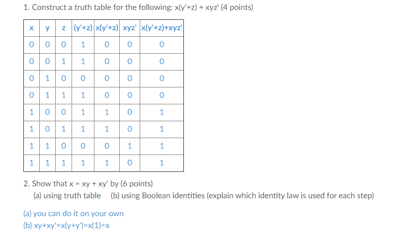 Solved 1. Construct a truth table for the following: x{y'+z) | Chegg.com