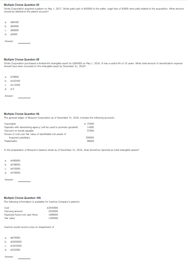 Solved Multiple Choice Question 85 Oriole Corporation | Chegg.com