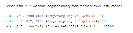 Solved What is the MIPS machine language binary code for | Chegg.com