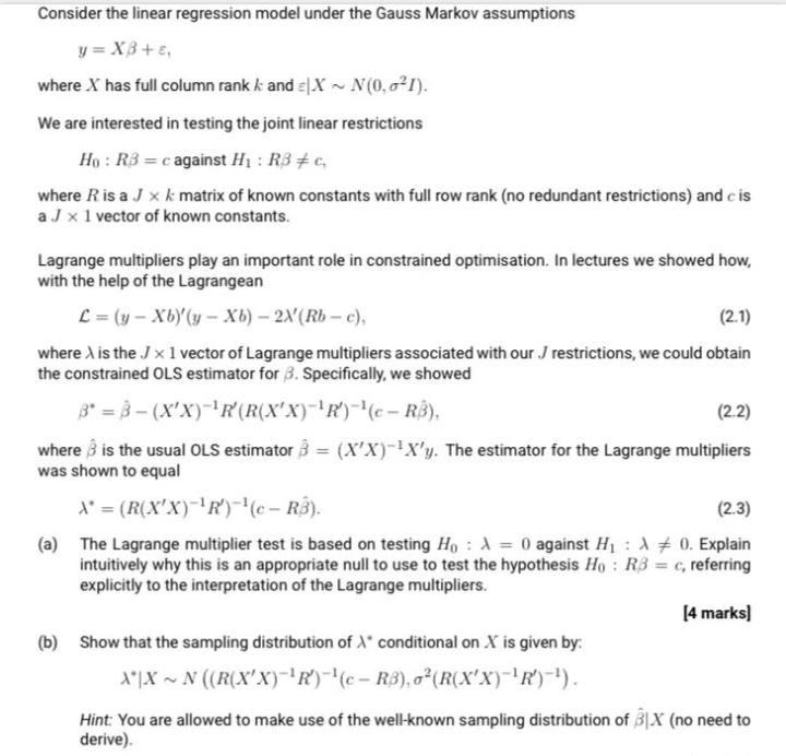 Solved Consider the linear regression model under the Gauss | Chegg.com