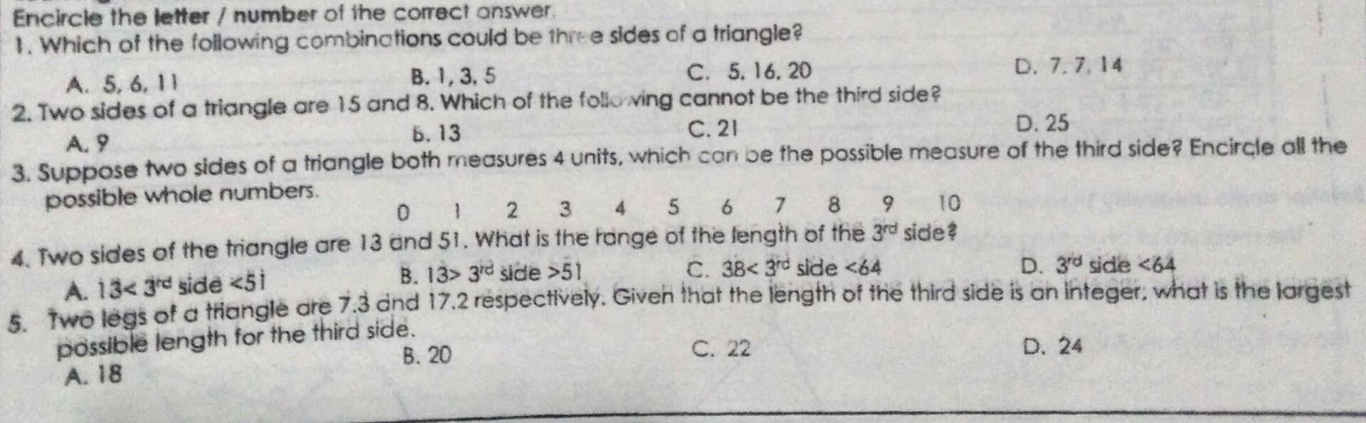 Solved Encircle the letter / number of the correct onswer. | Chegg.com