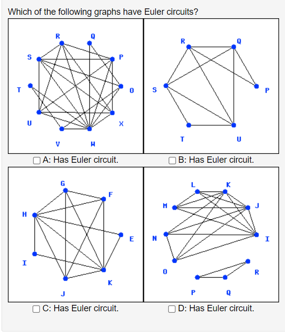 Solved Which of the following graphs have Euler circuits? A: | Chegg.com
