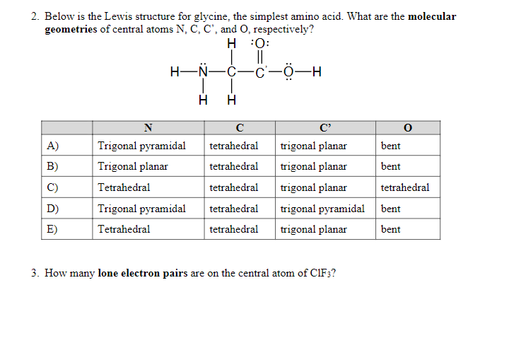 Solved 2. Below is the Lewis structure for glycine, the | Chegg.com