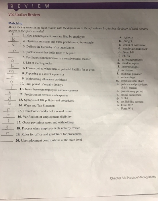 Solved REVIE W Vocabulary Review Matching Match the key | Chegg.com