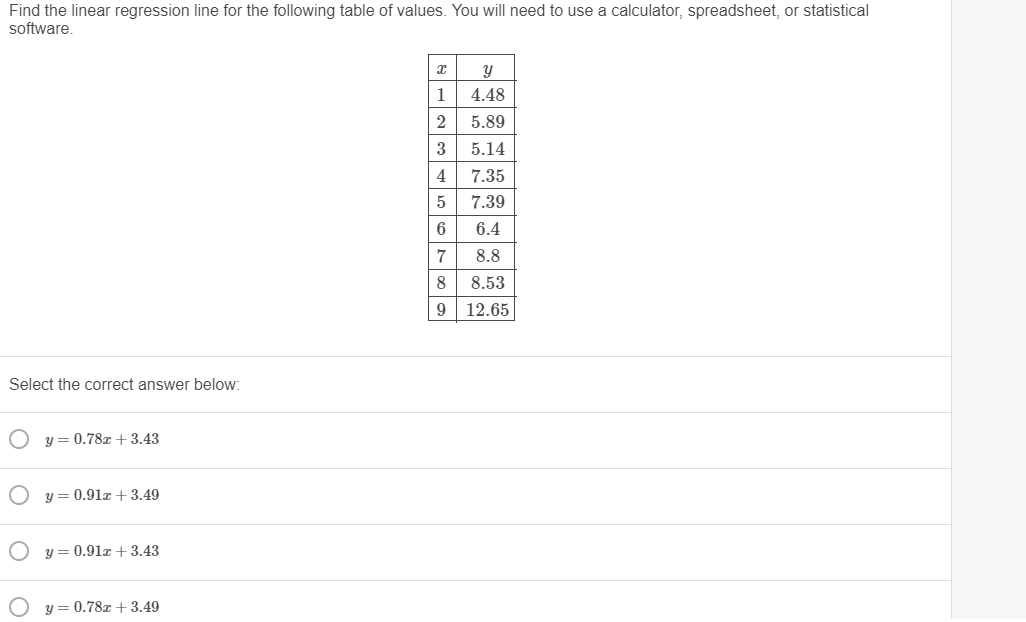 Solved Find the linear regression line for the following | Chegg.com