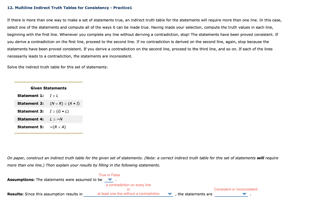 Solved 12. Multiline Indirect Truth Tables for Consistency - | Chegg.com