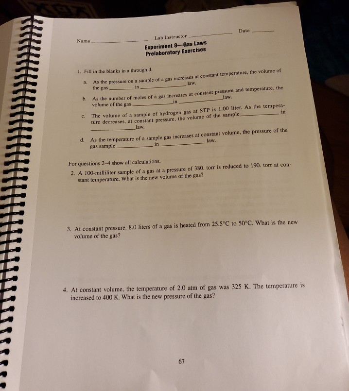 Solved Date Name Lab Instructor Experiment 8-Gas Laws | Chegg.com