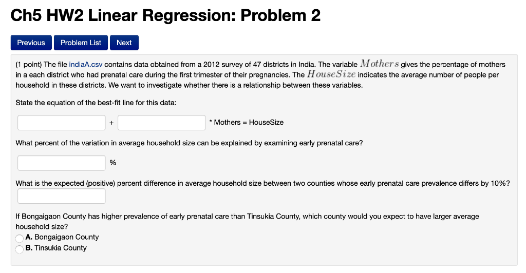 Solved Ch5 HW2 Linear Regression: Problem 2 Previous Problem | Chegg.com