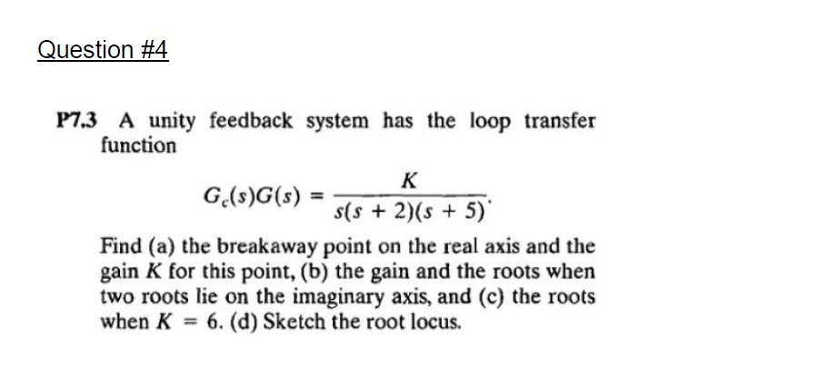 Solved Question #4 P7.3 A unity feedback system has the loop | Chegg.com