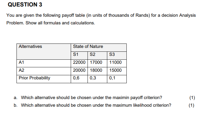 Solved You are given the following payoff table (in units of | Chegg.com