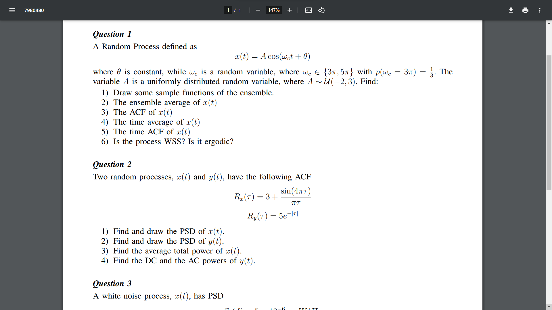 Solved A Random Process defined as x(t)=Acos(ωct+θ) where θ | Chegg.com