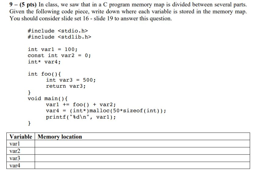 Solved 9 (5 pts) In class, we saw that in a C program memory | Chegg.com