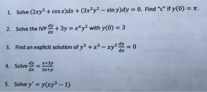 Solved Solve (2xy^3 + cos x)dx + (3x^2y^2 - siny)dy = 0. | Chegg.com