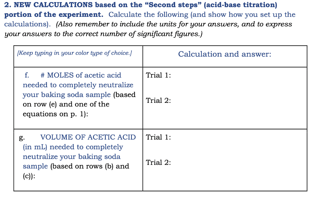 pre text info: f. Row e: # moles of baking soda | Chegg.com
