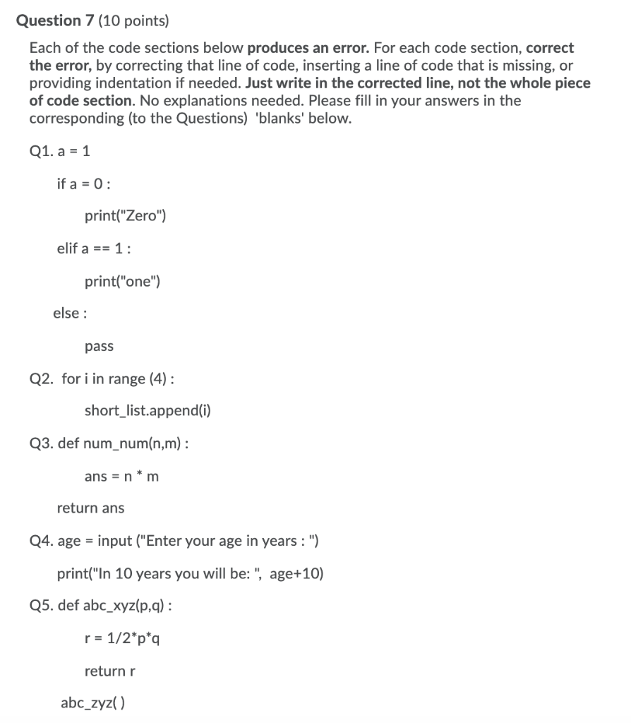 Solved Question 7 (10 points) Each of the code sections | Chegg.com
