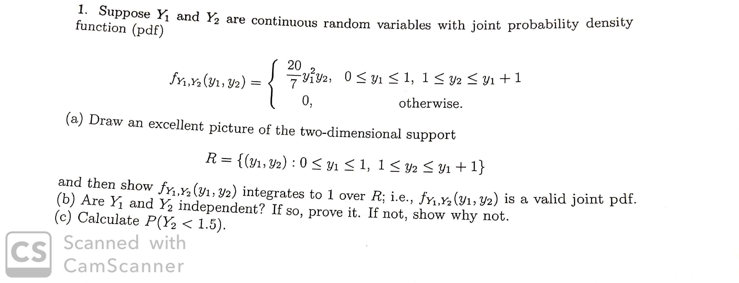 Solved 1. Suppose Yį and Y2 are continuous random variables | Chegg.com