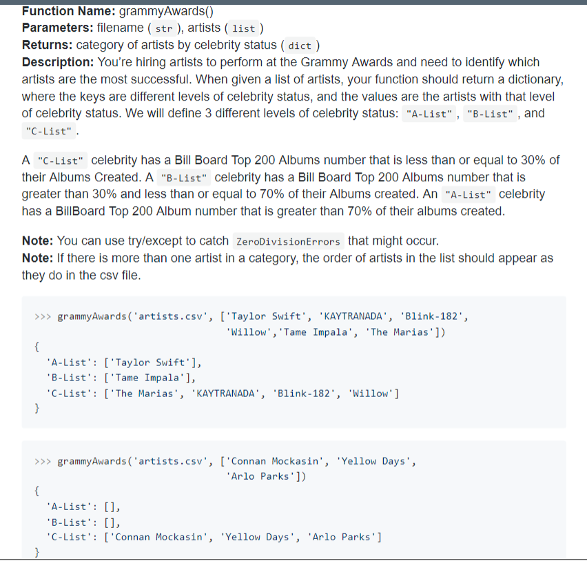 Solved Function Name: grammy Awards() Parameters: filename | Chegg.com