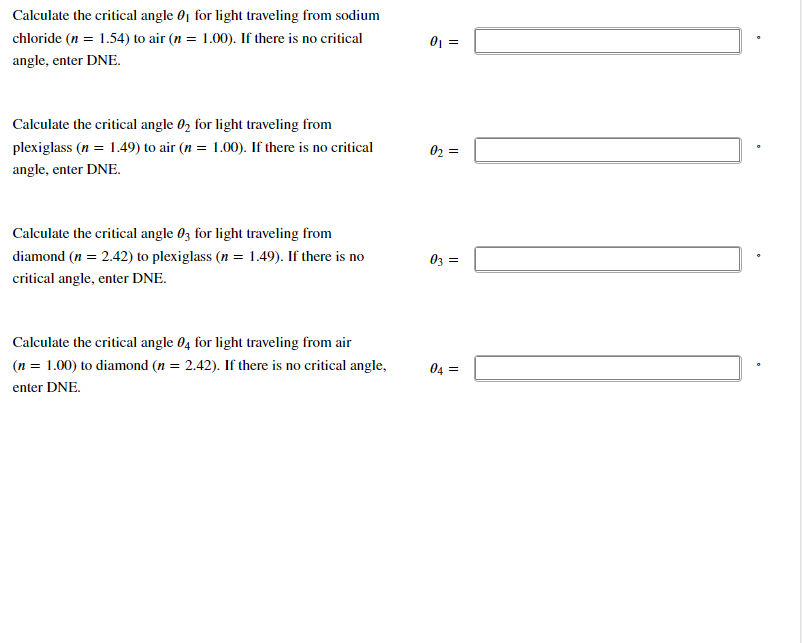 Solved Calculate the critical angle 0, for light traveling | Chegg.com