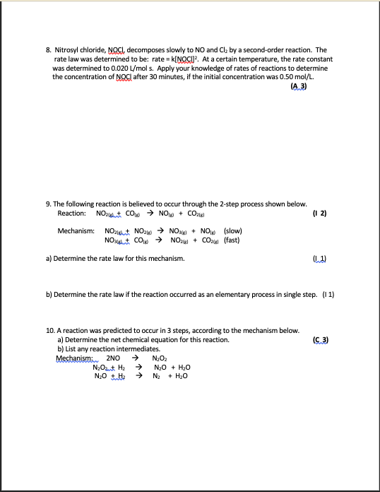 Solved 8. Nitrosyl chloride, NOCl, decomposes slowly to NO | Chegg.com
