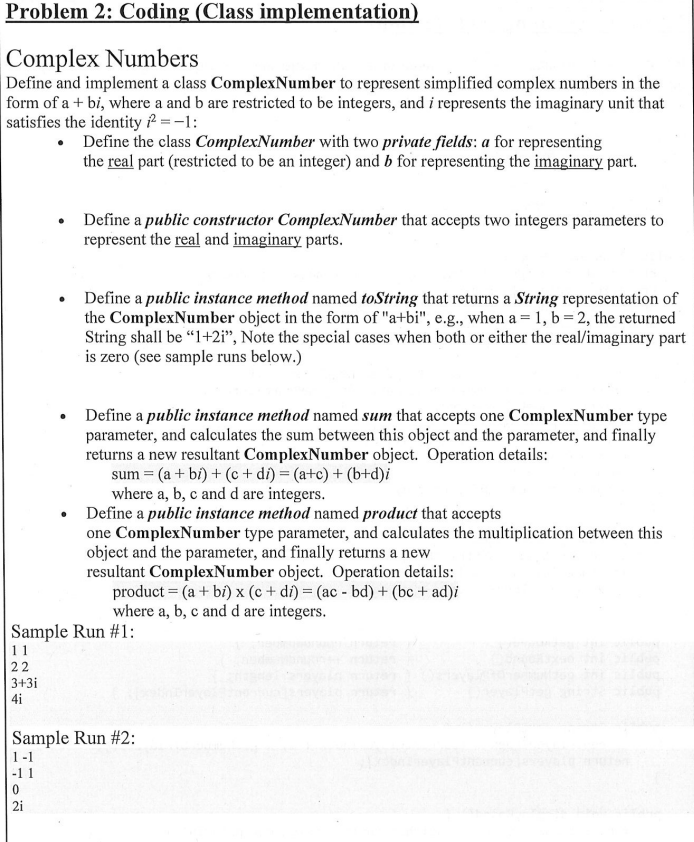 Solved Problem 2: Coding (Class implementation) Complex | Chegg.com
