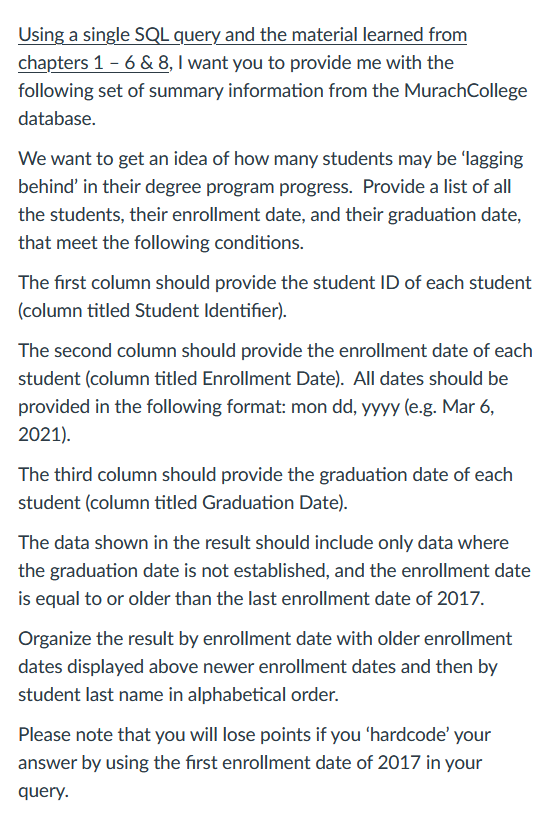 Using a single SQL query and the material learned | Chegg.com