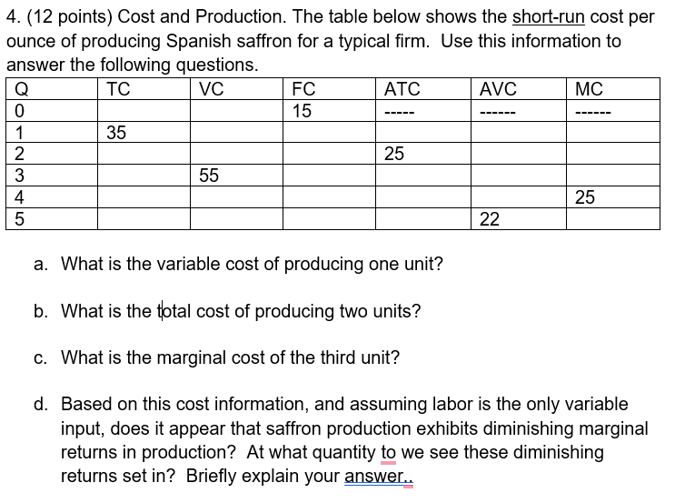 Solved 4. (12 points) Cost and Production. The table below | Chegg.com