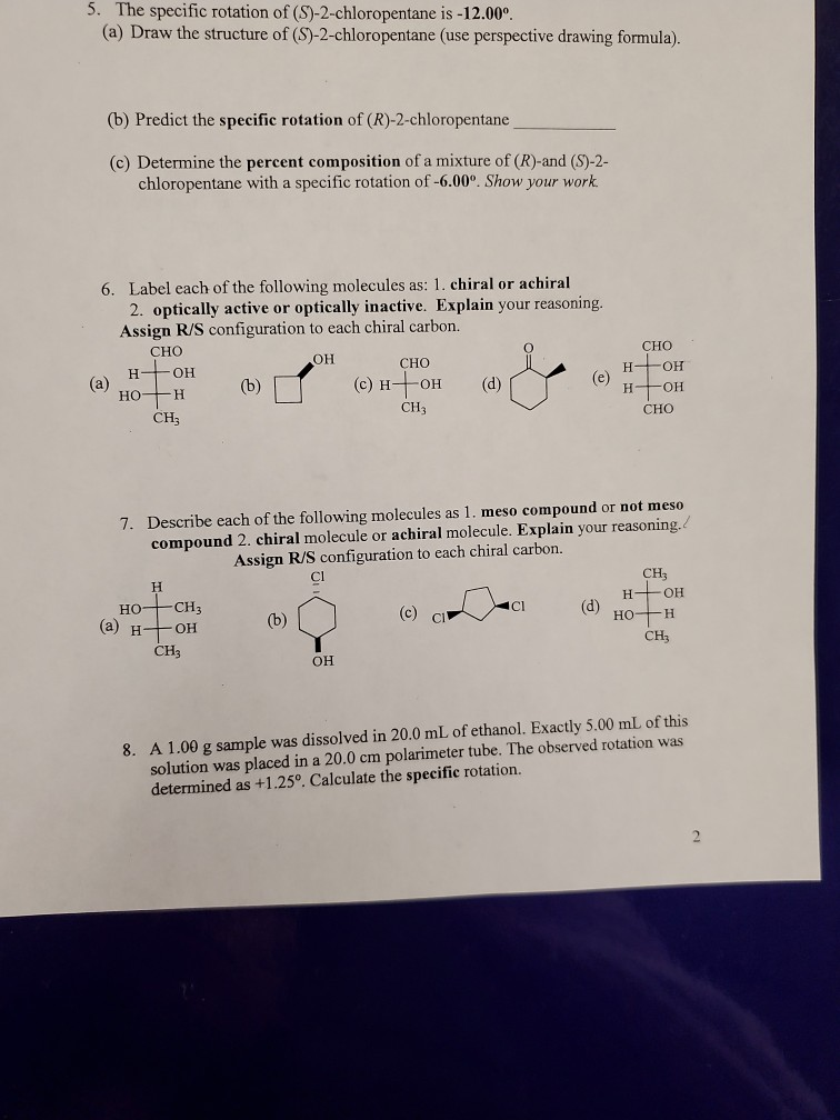 Solved 5. The specific rotation of (S)-2-chloropentane is | Chegg.com