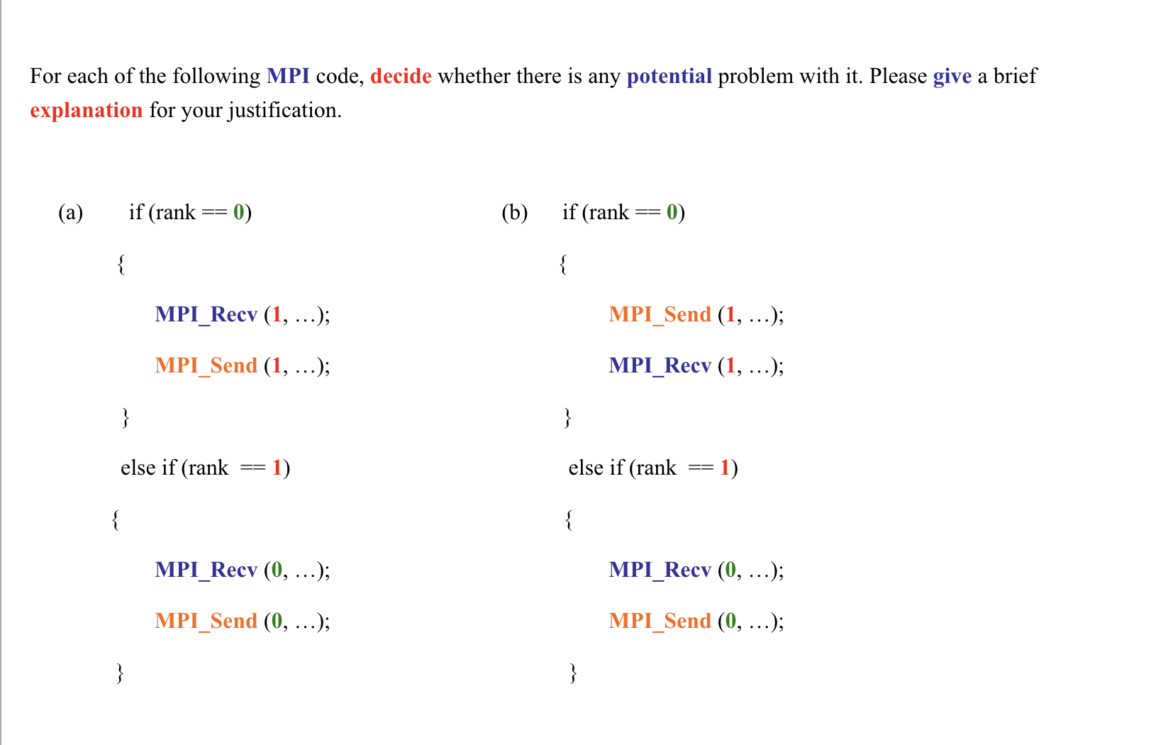 Solved For Each Of The Following Mpi Code Decide Whether