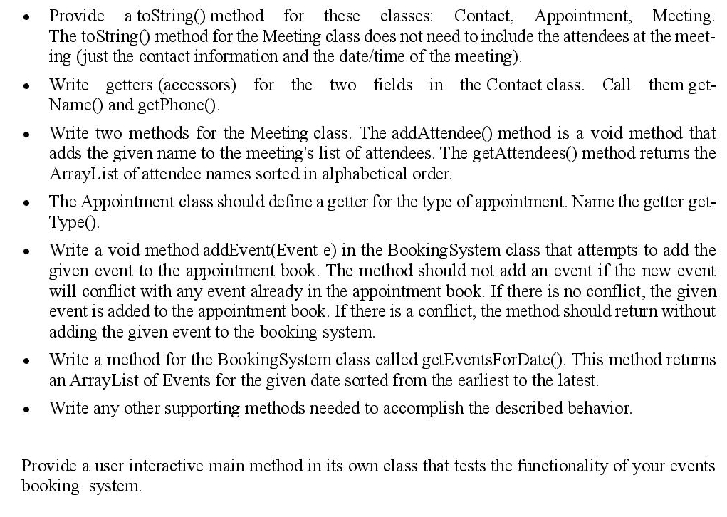 Write a Java program that implements events booking | Chegg.com