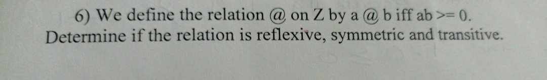 Solved 6) We define the relation @ on Z by a @ b iff ab>=0. | Chegg.com