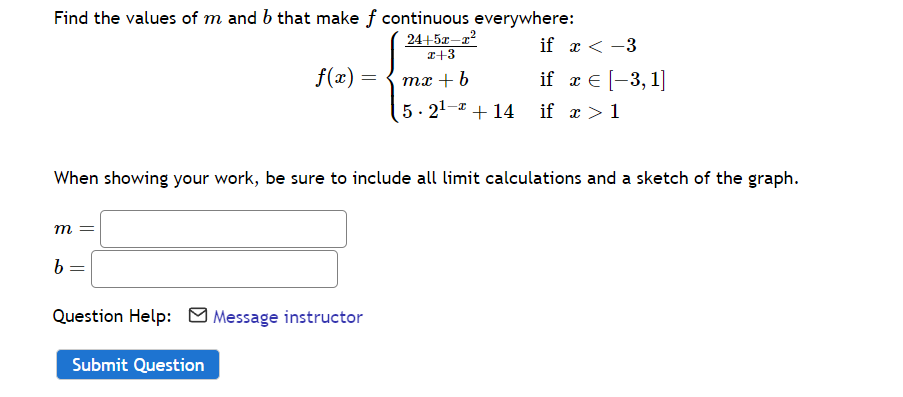 Solved Find the values of m and b that make f continuous | Chegg.com