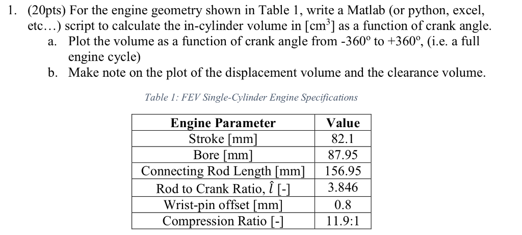 Solved 1. (20pts) For the engine geometry shown in Table 1, | Chegg.com
