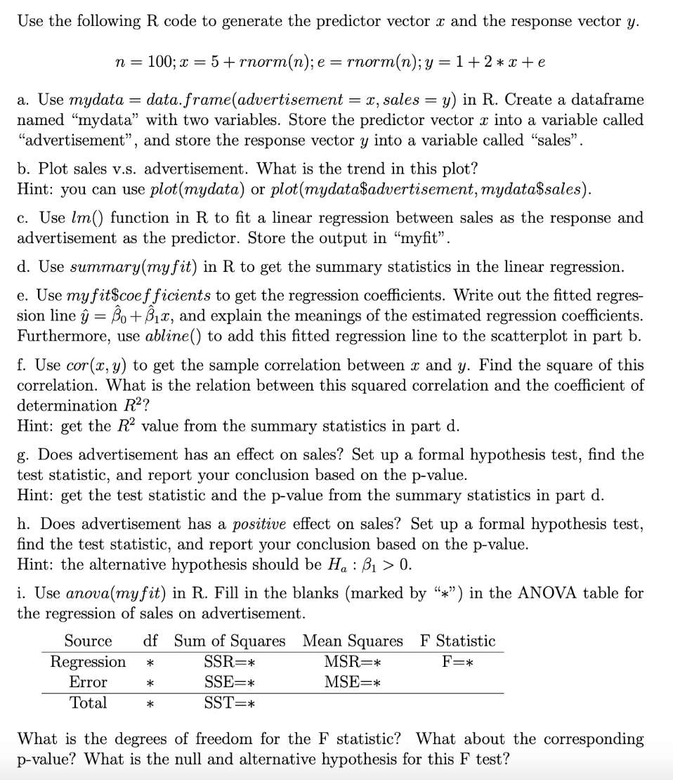 Solved Use the following R code to generate the predictor | Chegg.com