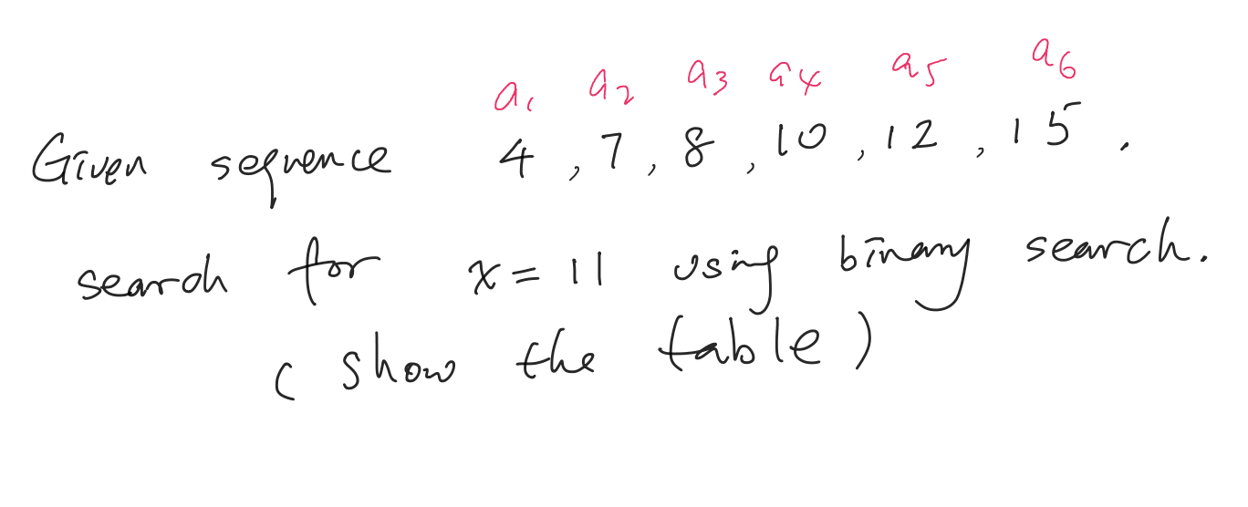 Solved Given sequence 4,7,8,10,12,15. search for x=11 using | Chegg.com