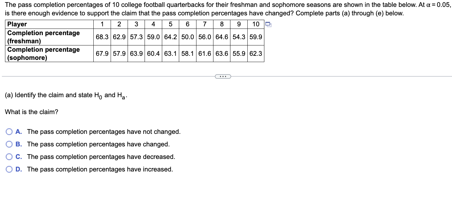 Solved The pass completion percentages of 10 college | Chegg.com