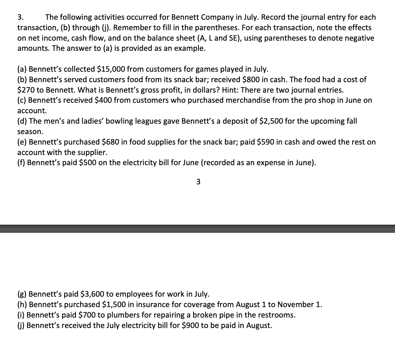Solved 3. The following activities occurred for Bennett | Chegg.com