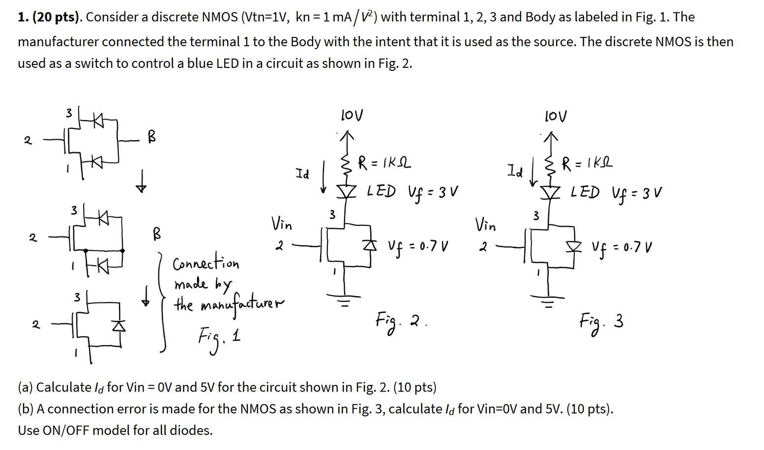 Solved 1. (20 pts). Consider a discrete NMOS (Vtn=1v, kn = 1 | Chegg.com