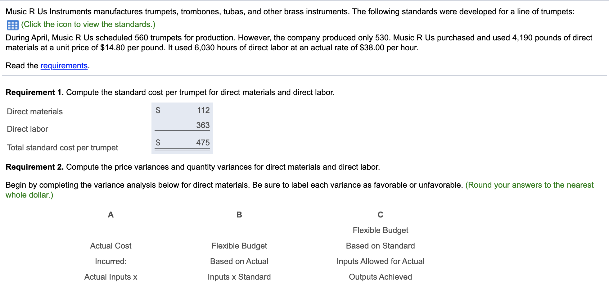 Solved i Data Table Standard Price per Standard Inputs | Chegg.com