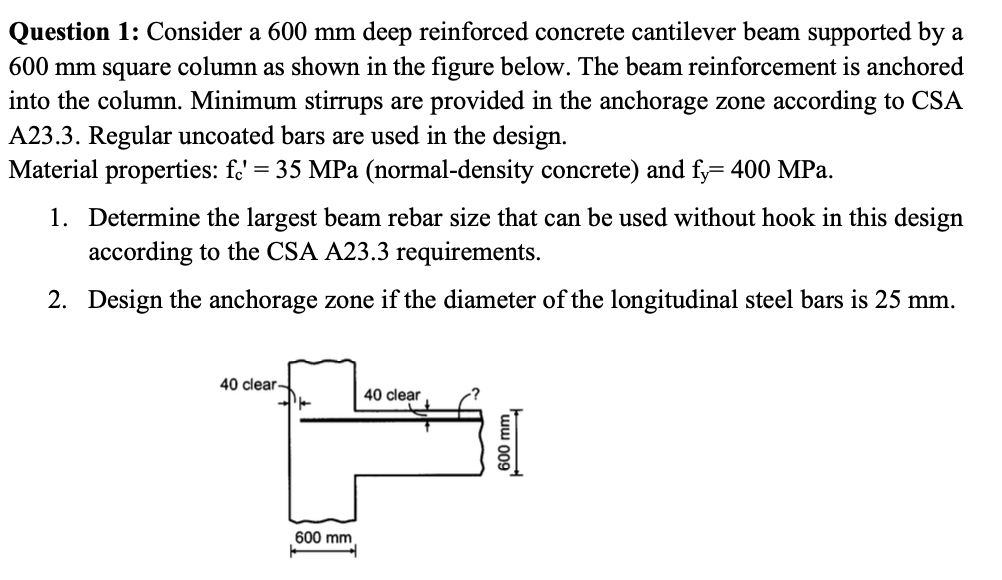 Question 1: Consider a 600 mm deep reinforced | Chegg.com
