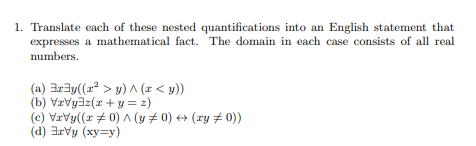 Solved 1. Translate each of these nested quantifications | Chegg.com