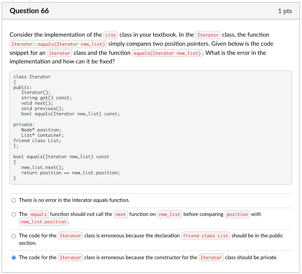 Solved Question 66 1 pts Consider the implementation of the | Chegg.com