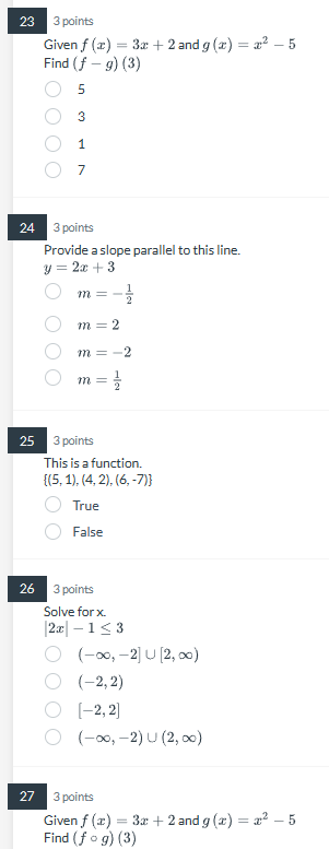 Solved Given f(x)=3x+2 and g(x)=x2−5 Find (f−g)(3) 5 3 1 7 | Chegg.com